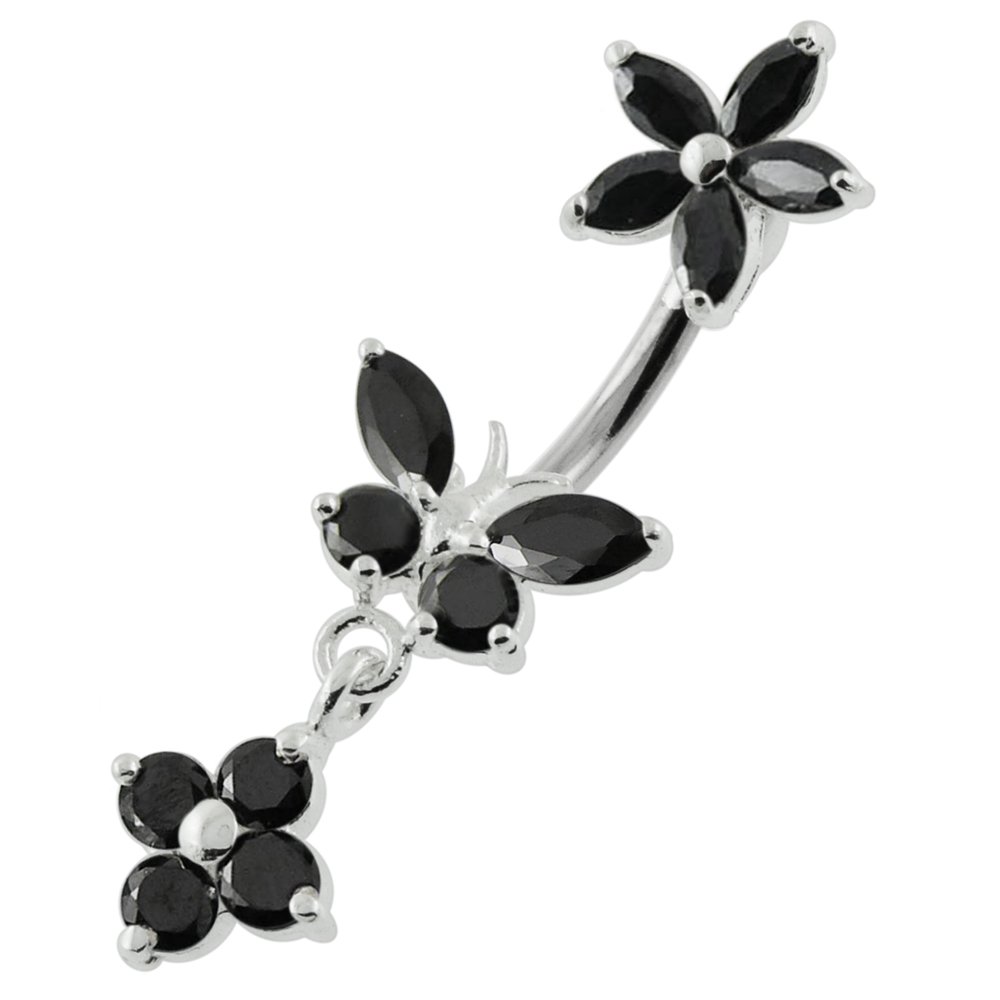 AtoZ Piercing Black CZ Stone Butterfly with Flower Dangling 925 Sterling Silver Double Side Belly Button Ring Jewelry