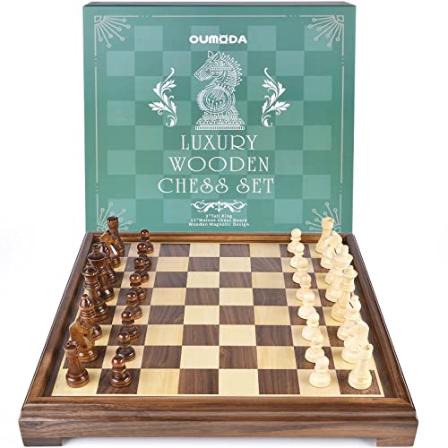 OUMODA Luxury Magnetic Wooden Chess Game Set - 15" Walnut Chess Board with Stylish Chess Pieces - 2 Extra Queens, Strap-Style Elastic Rope Storage, High End Gift, Birthday Housewarming Retirement