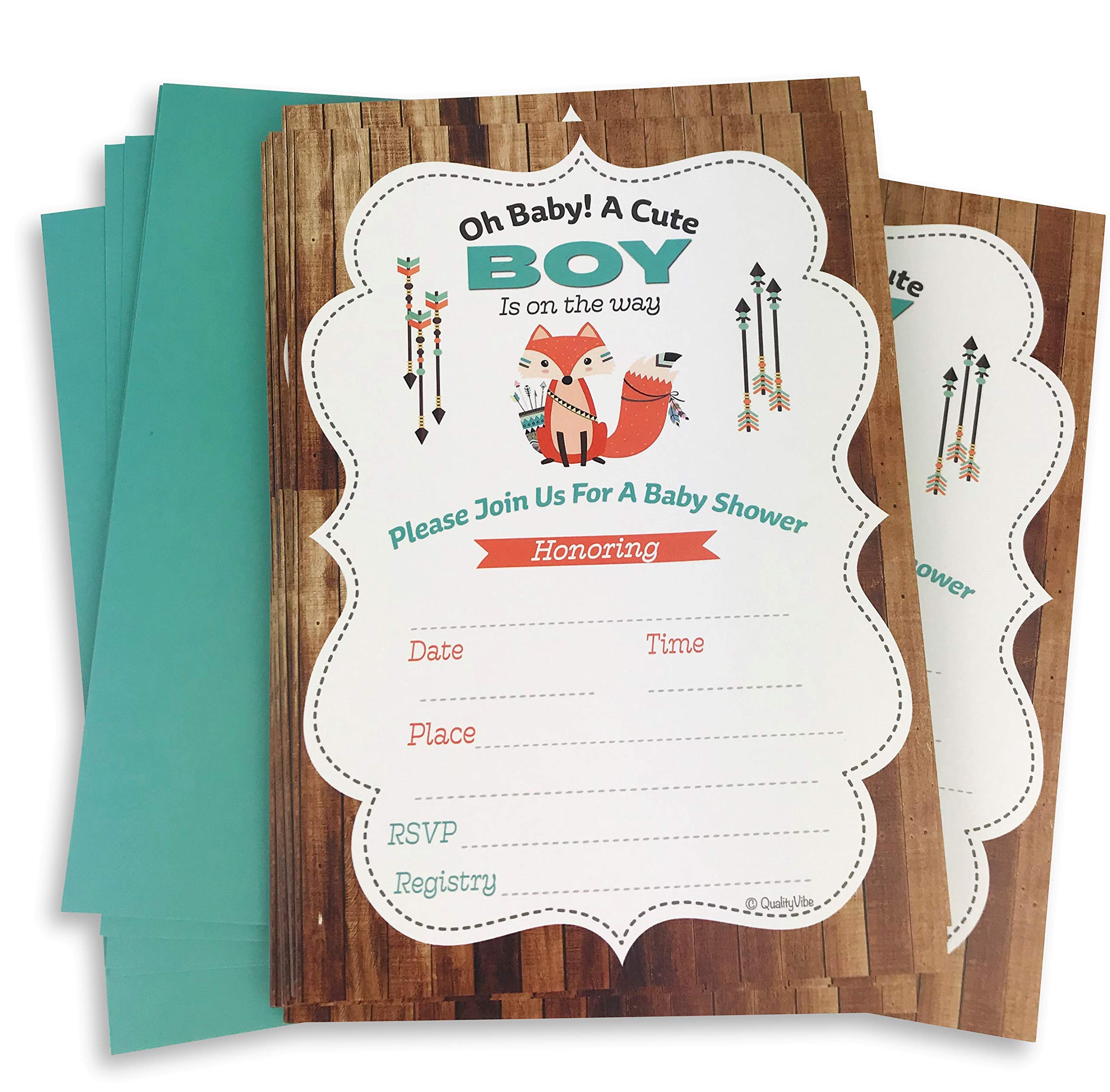 Baby Shower Invitations Woodland, Little Fox for Baby boy Shower. Set of 25 Full Color Invitations Include 25 envelopes. Quality & Heavy 14 pt. Paper Matte 5" x 7" with A7 White envelopes Included.