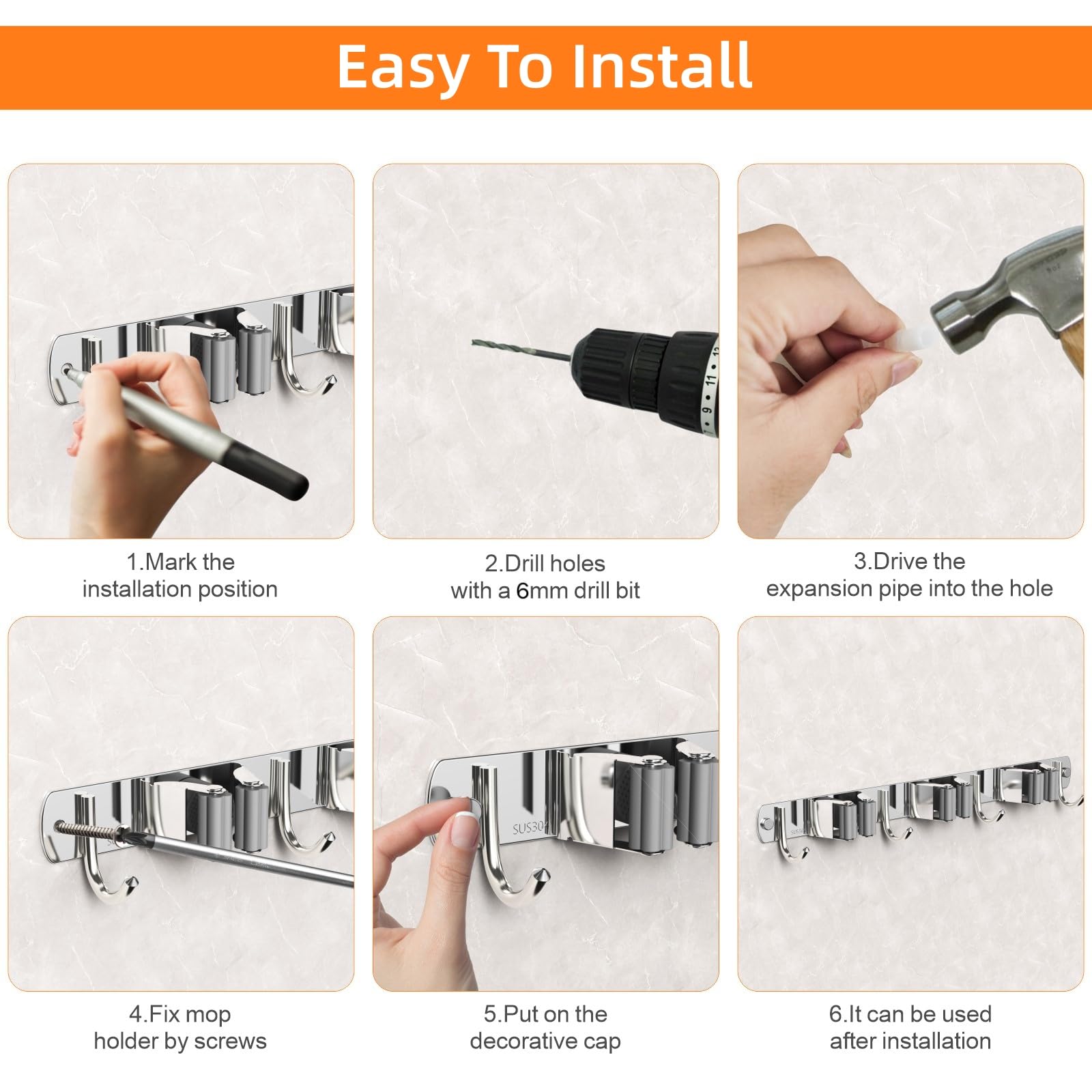 CUXIXA Mop and Broom Holder Wall Mount, Upgraded Broom Organizer Wall Mount, Stainless Steel Broom Hanger Wall Mount for Home Kitchen Garden Laundry Garage (3 Racks with 4 Hooks)