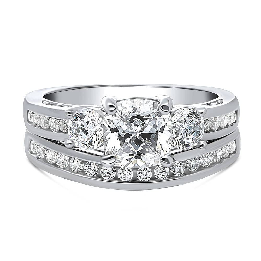 BERRICLE Sterling Silver 3-Stone Wedding Engagement Rings Cushion Cut Cubic Zirconia CZ Ring Set for Women, Rhodium Plated Size 7