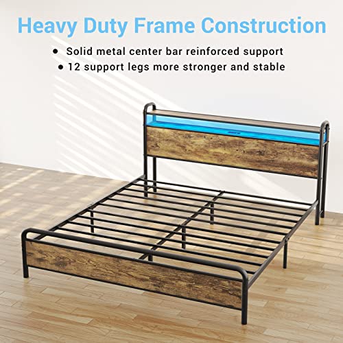 DICTAC Queen Bed Frame with Storage Headboard and Charging Station Led Bed Frame Queen Size with Headboard Storage,Metal Platform Bed Frame with LED Lights,No Box Spring Needed,Rustic Brown