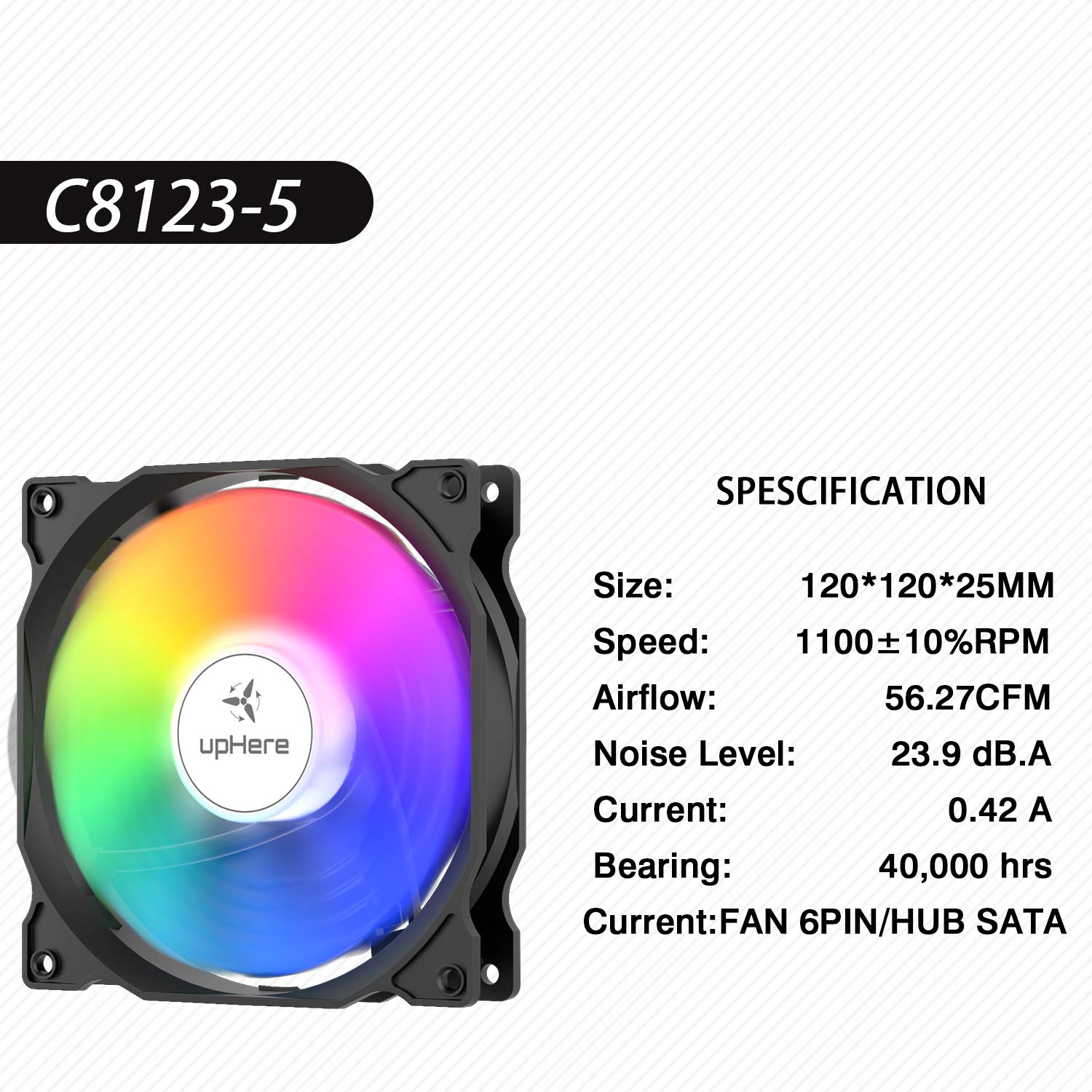 upHere RGB LED 120mm Case Fan,Quiet Edition High Airflow Adjustable Color LED Case Fan for PC Cases, CPU Coolers,Radiators System,5-Pack / C8123