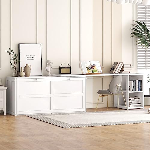 DNChuan Murphy Bed Queen Size with Rotable Desk and 2 Tiers Storage Cabinet,Pine Wood and Foldable Platform Bed Frame,White