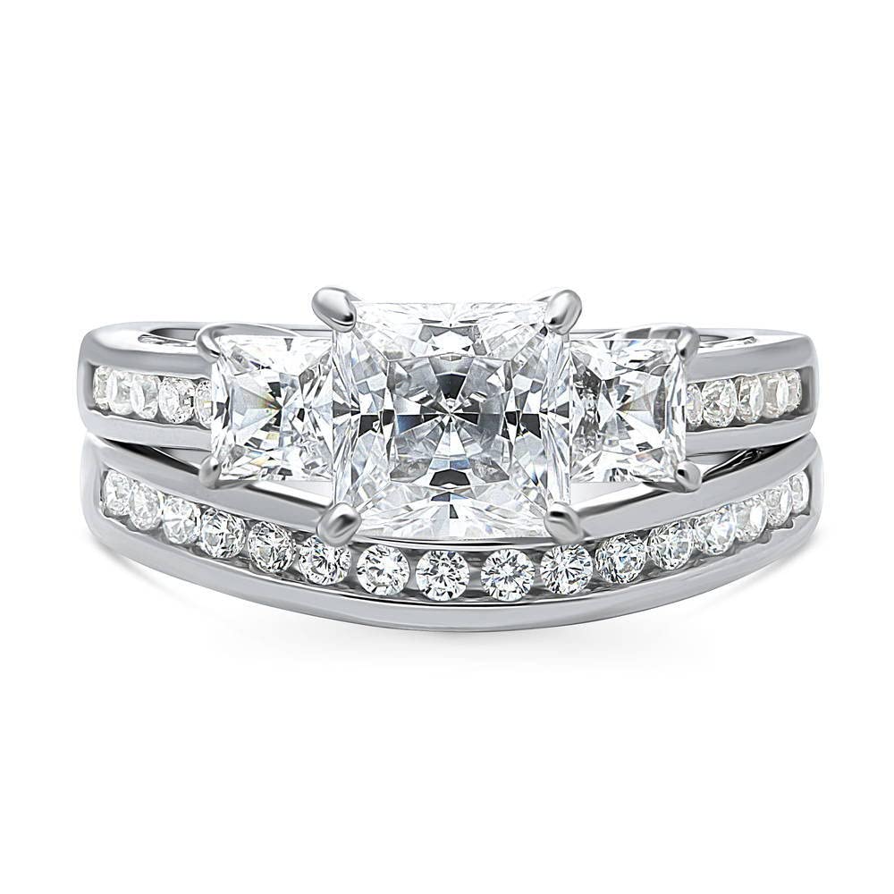 BERRICLE Sterling Silver 3-Stone Wedding Engagement Rings Princess Cut Cubic Zirconia CZ Ring Set for Women, Rhodium Plated Size 8