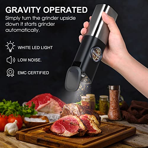 Heyrsun Electric Salt and Pepper Grinder Set, 2 Usb Rechargeable Stainless Pepper Grinder with Led Light, Adjustable Coarseness, Refillable Automatic Salt and Pepper Grinder Set with Charging Base