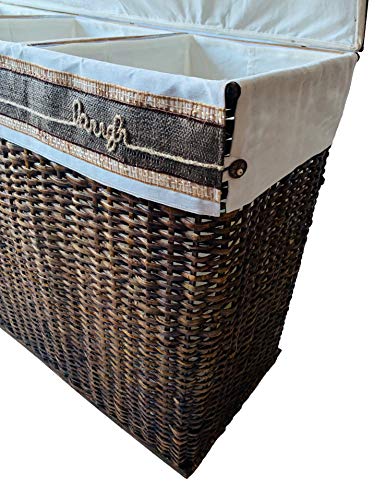 GUTZ Handcrafted Wicker Oversized 3 Section Divided Laundry Hamper Sorter and Organizer Handwoven Rattan Basket with Lid, Cloth Liner and Coconut Buttons, Jute Rope, and Raffia Weave Accent