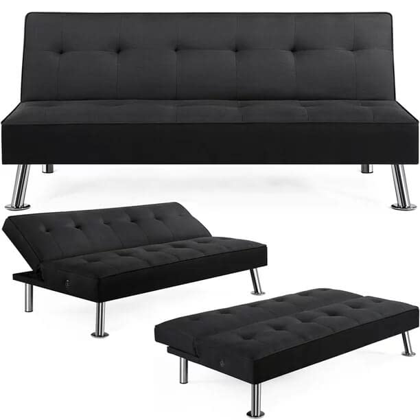 Convertible Folding Futon Sofa Bed,Modern Fabric Sleeper Couch Bed with 2 USB Ports,Recliner Sofa with Chrome Legs for Living Room Dorms Apartment Office