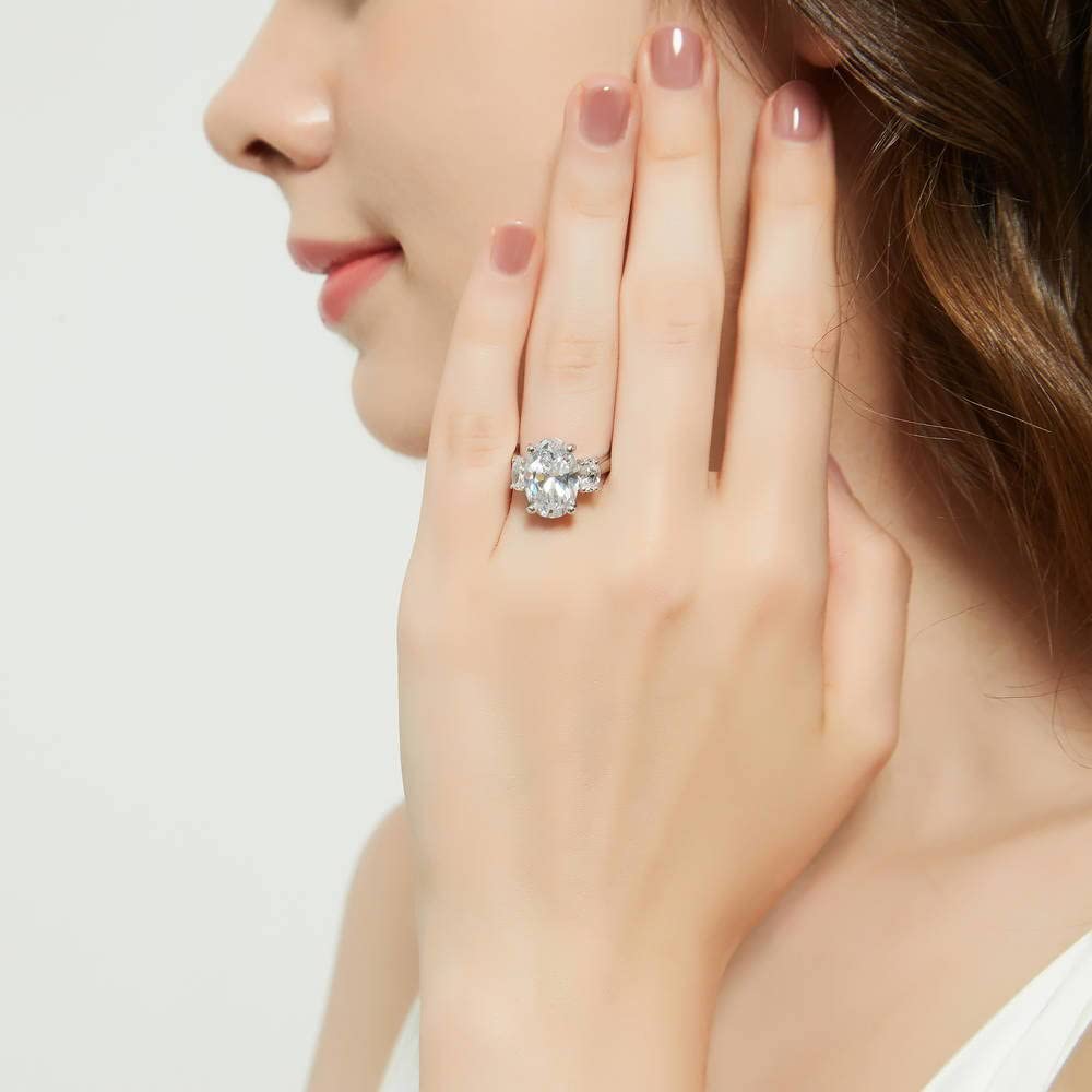 BERRICLE Sterling Silver 3-Stone Wedding Engagement Rings Oval Cut Cubic Zirconia CZ Statement Cocktail Anniversary Ring for Women, Rhodium Plated Size 5