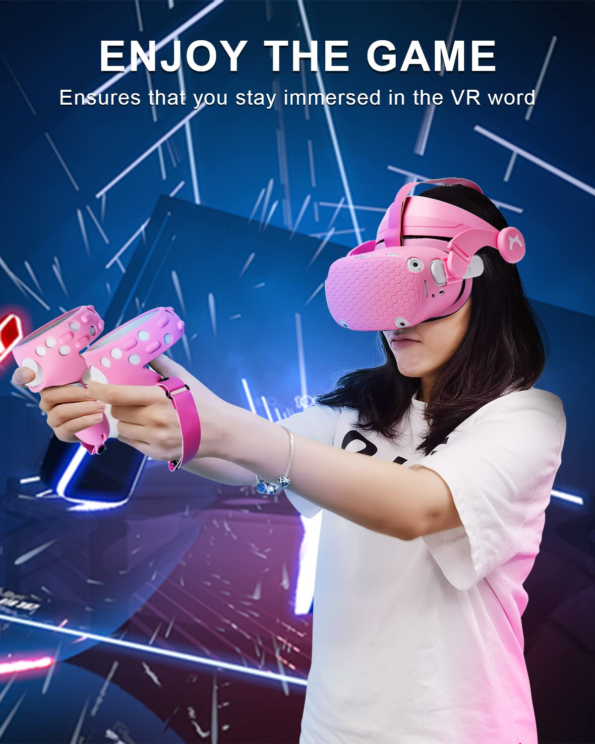 Barbie Pink 6 in 1 Set Head Strap for Oculus Quest 2 Accessories,MODJUEGO Adjustable Forehead Strap with Silicone Touch Controller Grip Cover, VR Face Cover and VR Shell Protector Cover Replacement