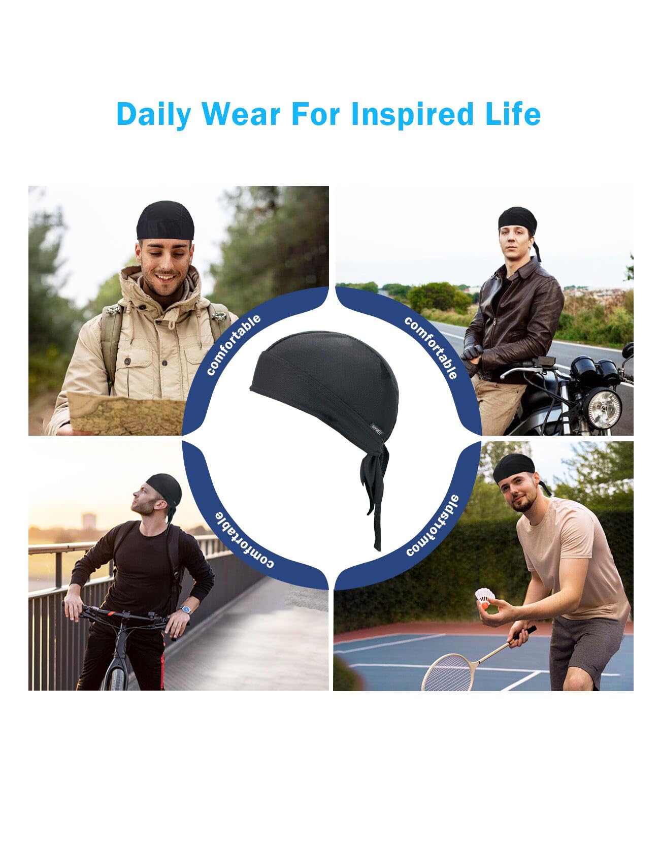 Black Doo Rags Sweat Wicking Beanie Cooling Helmet Liner Large Do Rags Skull Caps Head Wraps Dew Rags Hat for Men and Women (Black Pack)