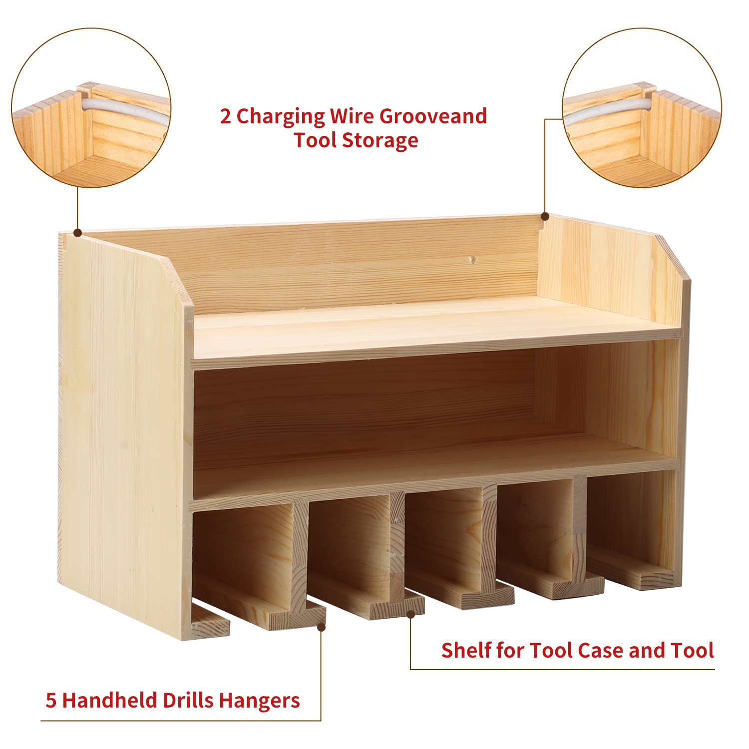 Baoz Wooden Power Tools Organizer Cabinets 5 Hanging Slots Drill Charging Station Wall Mounted Garage Tool Holder Cordless Drills Storage Shelf Rack for Circular Saw, Screwdriver Drill Impact Wrench