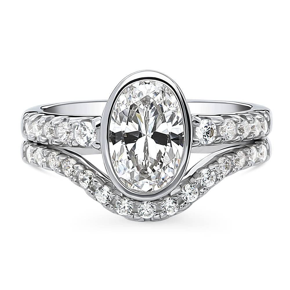 BERRICLE Sterling Silver Solitaire Wedding Engagement Rings 1.4 Carat Bezel Set Oval Cut Cubic Zirconia CZ Ring Set for Women, Rhodium Plated Size 7