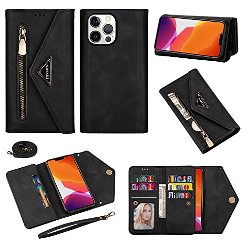 Crossbody Case for iPhone 13 Pro Max Phone Case Wallet Purse with Lanyard Strap Credit Card Holder 6.7'', PU Leather Protective Handbag Zipper Women Girl (Black)