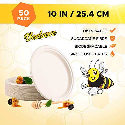 Beeleeve [50-Pack / 10-Inch 100% Compostable Disposable Round Bagasse Paper Plates - Biodegradable Sugarcane Fibre - Strong Heavy Duty Rigid Design - Sustainable & Food-Grade - White