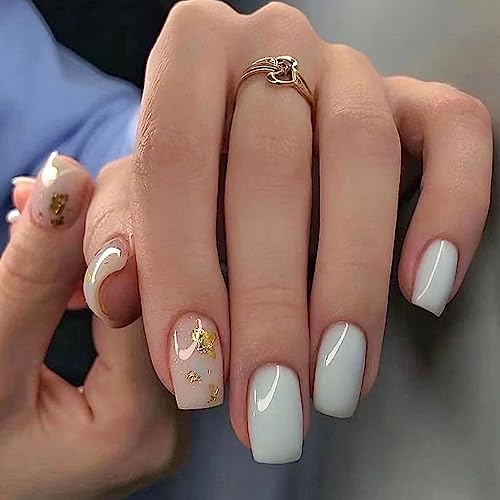 Diduikalor 24Pcs White Press on Nails Short Fake Nails Square False Nails with Glitter Designs Glue on Nails For Nail Decorations With Jelly Glue Stick On Nails Acrylic Nails For Women Girls