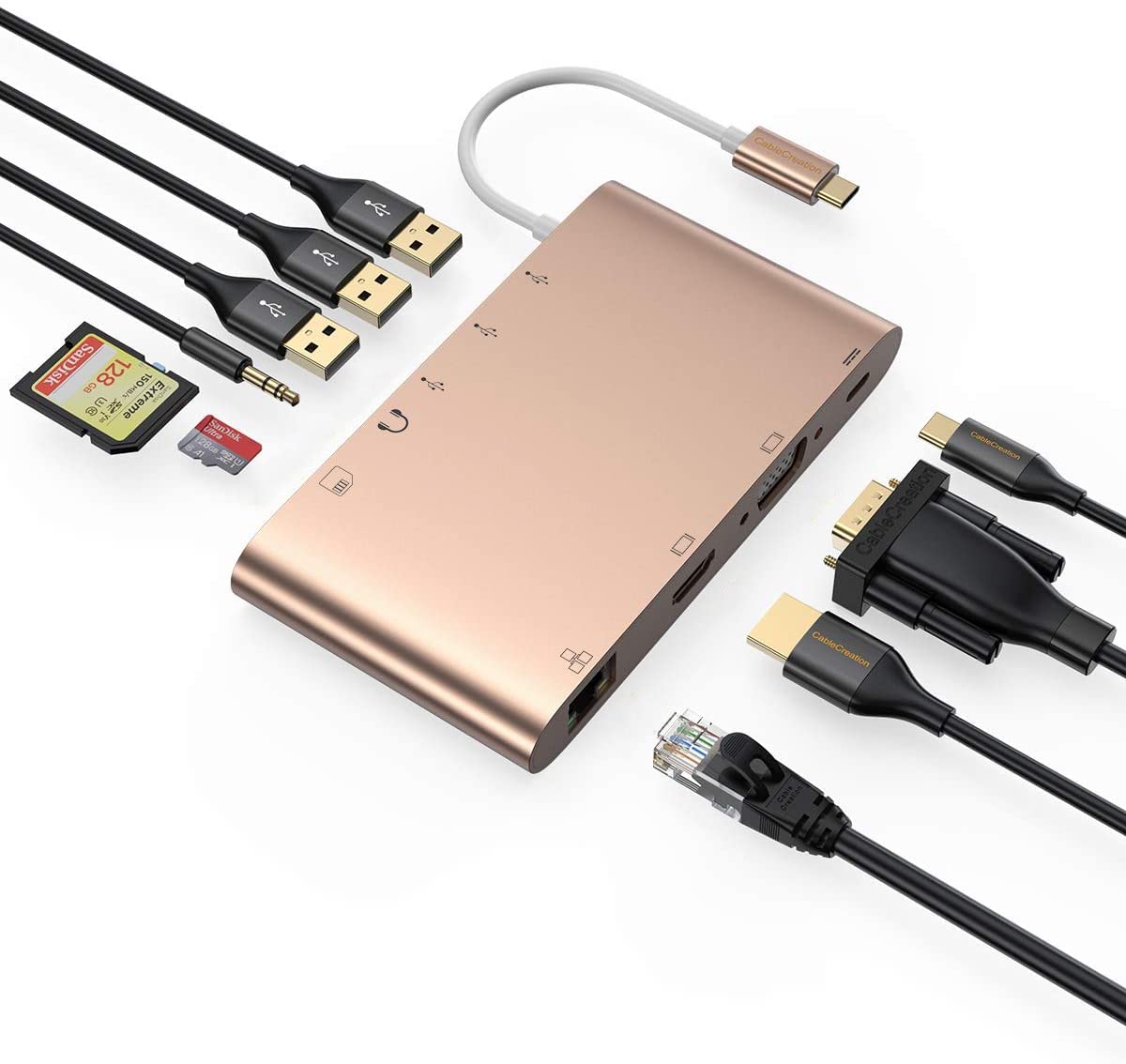 USB C Hub Multiport Adapter, CableCreation 10 in 1 Portable Dongle with 4K HDMI, VGA, RJ45 Ethernet, 3 USB 3.0, TF/SD Card Slot, 3.5mm Audio and USB C 60W PD for MacBook Pro/Air 2020, iPad Pro 2021