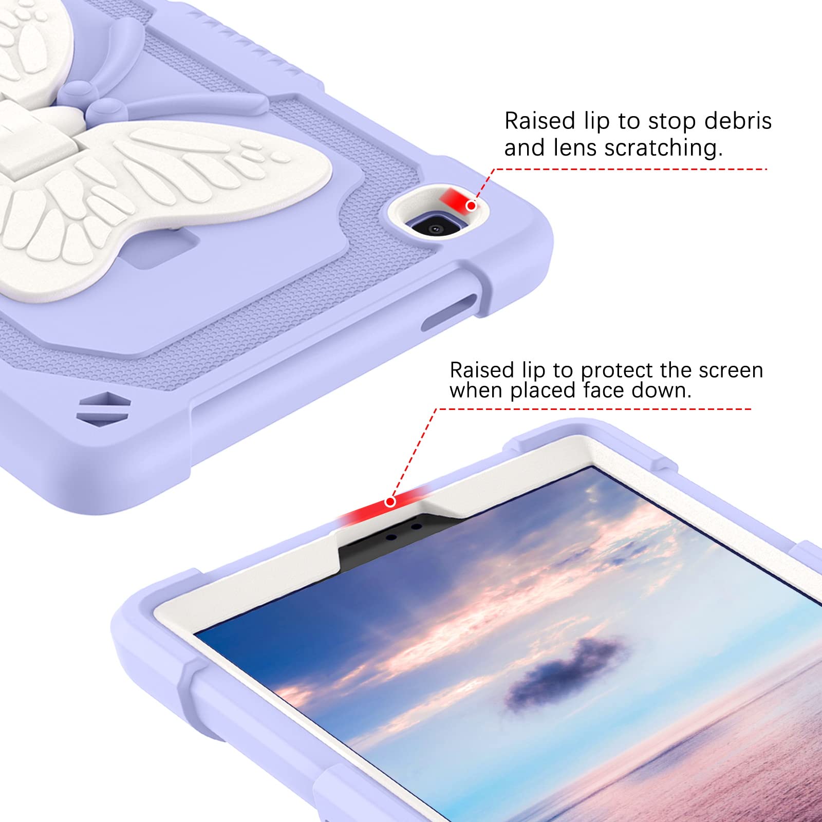 DUEDUE Design for Samsung Galaxy Tab A7 Lite 8.7” Case Butterfly Wings Kickstand Heavy Duty Shockproof Cute Full Protective Tablet Cover for Galaxy Tab A7 Lite 8.7 2021 Kids, Beige/Purple