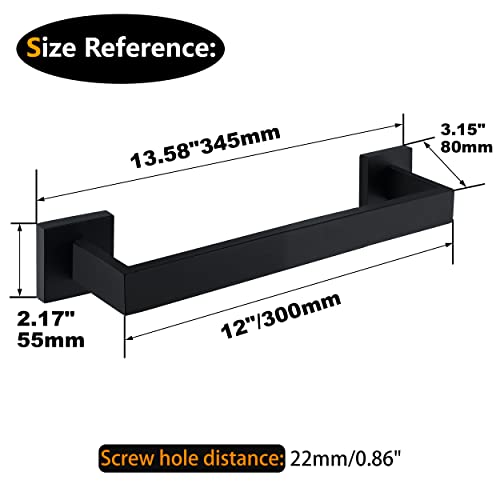 Hand Towel Bar for Bathroom Matte Black, 12Inch Towel Rack Wall Mounted, Thicken Square Bath Towel Holder Rod SUS304 Stainless Steel, Heavy Duty Dish Cloths Hanger for Bathroom, Kitchen