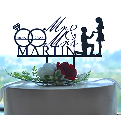 Carved wood decoration,Personalized Wedding Cake Toppers, Customize Wedding Date And Last Name, Bride & Groom,Mr& Mrs Cake Topper,Cake Topper (Diamond ring + Character(wood))