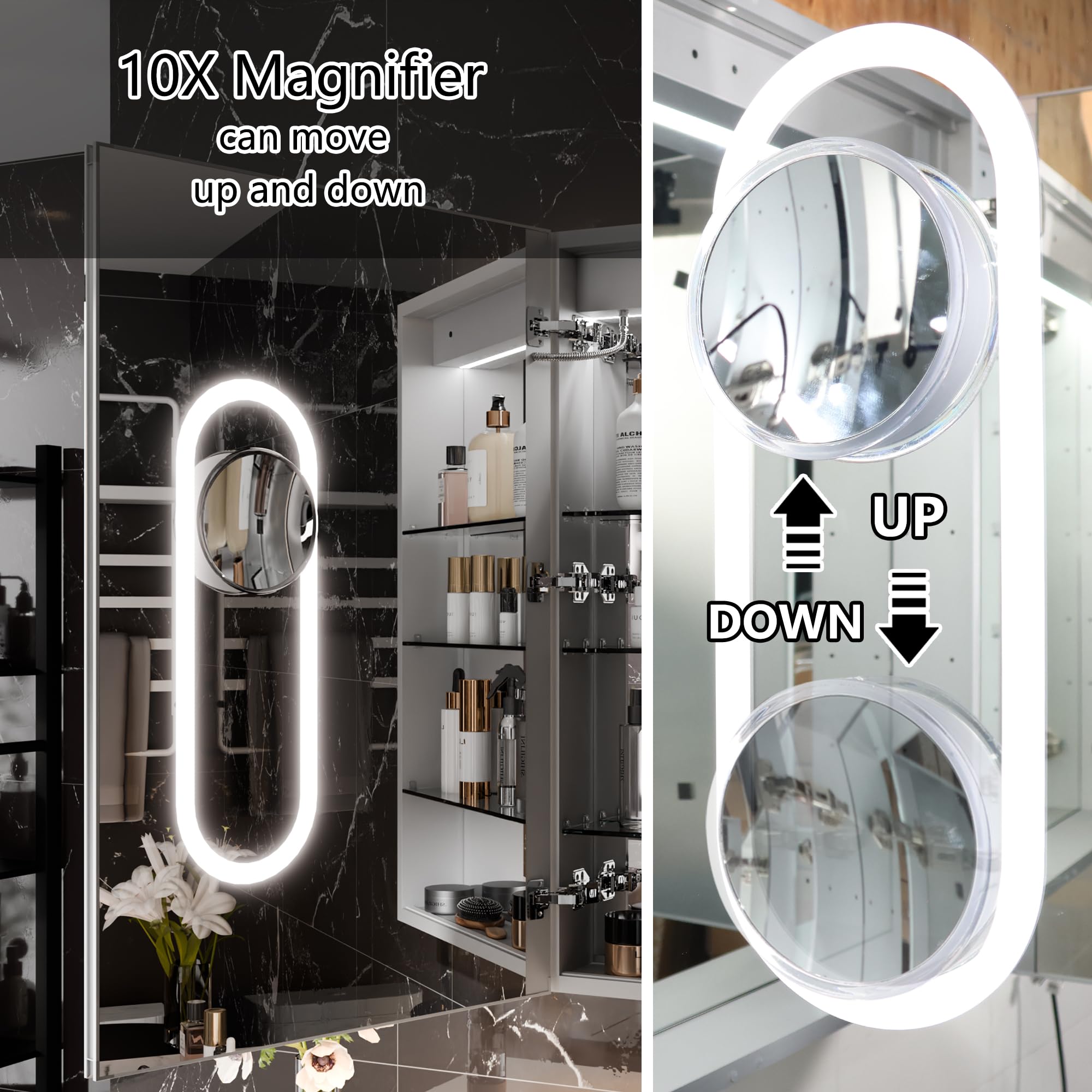 cieloshinerico Smart LED Medicine Cabinet with Mirror, 24W×36H Inch Bathroom Storage Medicine Cabinet, 3 Color Stepless Dimming & Anti-Fog, 10x Magnifier, Night Light, Right Hinge