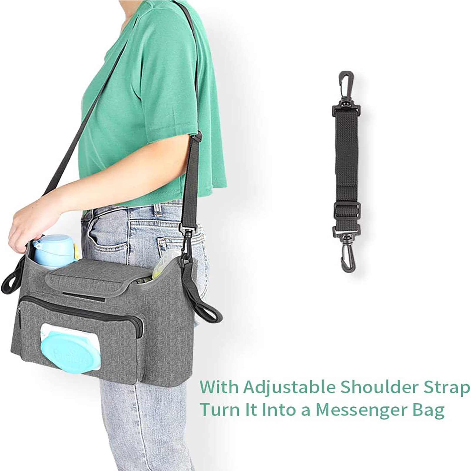 Baby Stroller Organizer - Stroller Accessories Bag Large Space with 2 Cup Holders Multiple Zipper Pockets for Bottle, Diaper, Phone, Toys, Baby Items - Fits All Strollers, Easy Installation