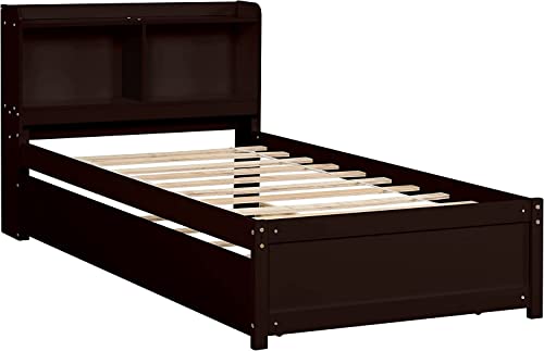 Harper & Bright Designs Twin Bed with Trundle, Twin Bed Frame with Bookcase Headboard, Wood Twin Platform Bed with Pull Out Trundle Bed for Kids Girls Boys,No Box Spring Needed,Espresso