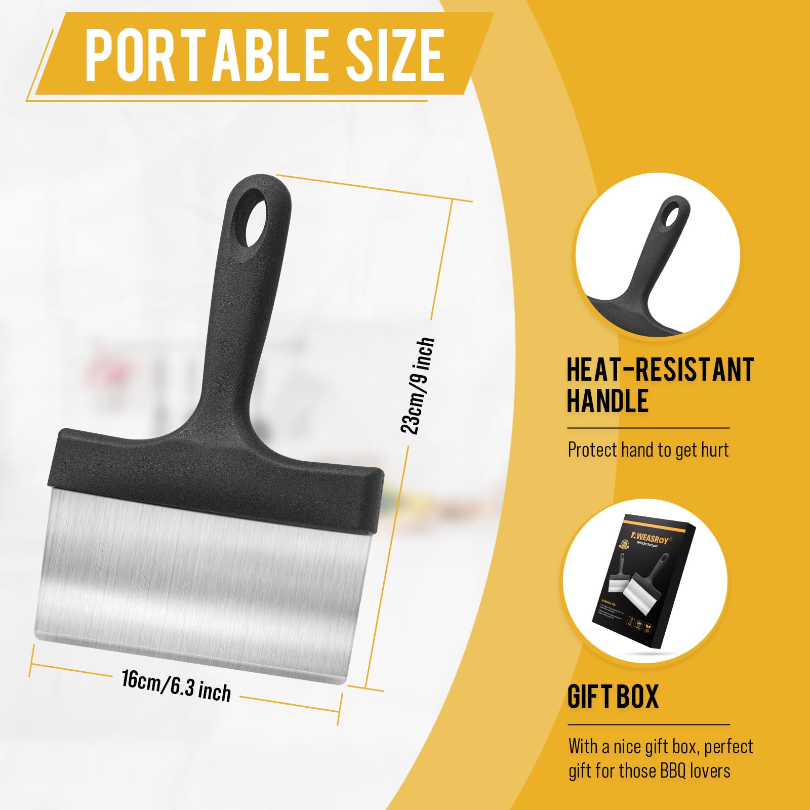 AWEASROY Heavy Duty Grill Scraper Stainless Steel Griddle Scraper with 5 Inches Handle,Sturdy Food Scraper Tool Kitchen for Blackstone Grill Accessories,Outdoor Barbecue Turners Tools (Black 2 Pcs)
