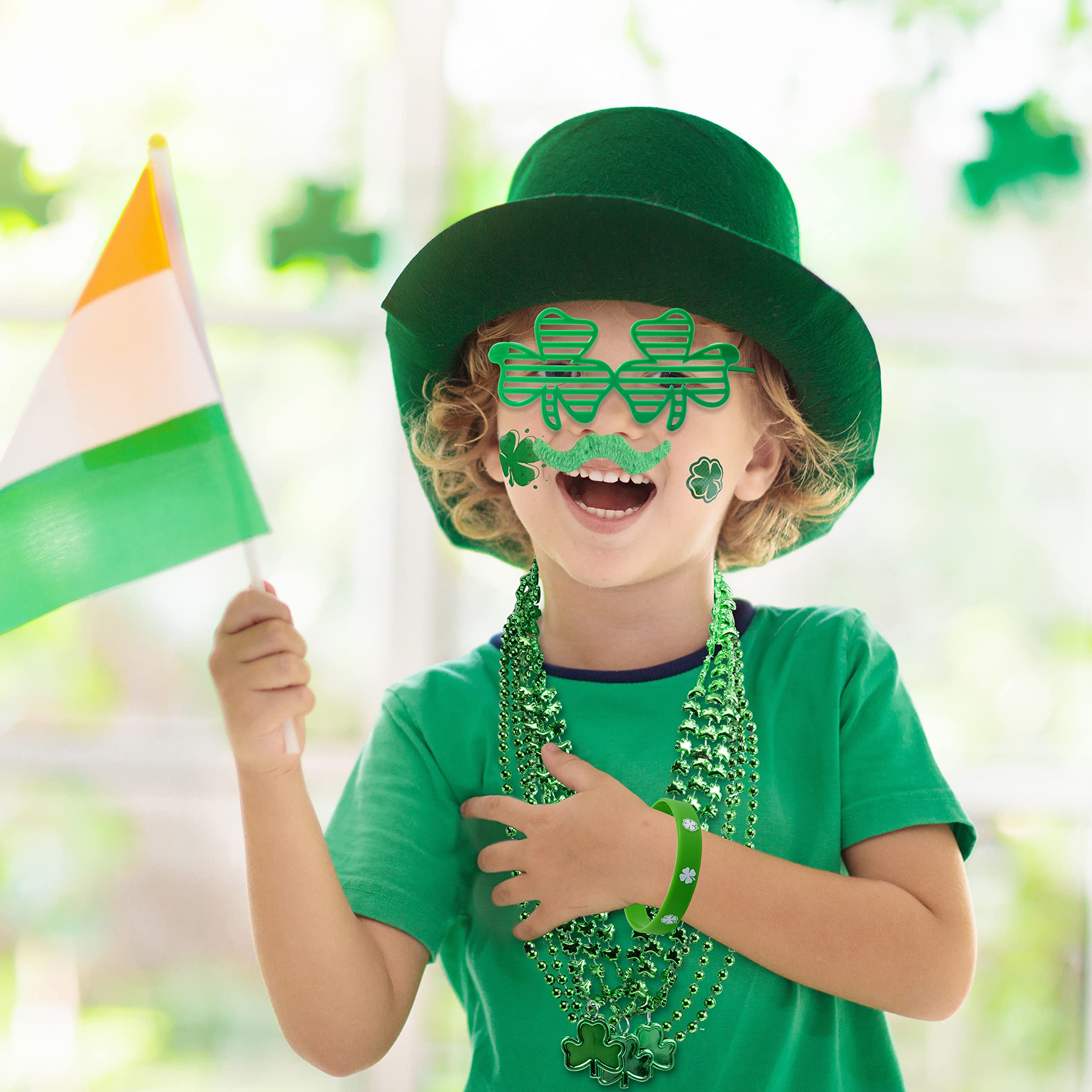 JOYIN 156 Pcs St. Patrick's Day Party Favor Set, 6 Necklaces 6 Eyeglasses 12 Bracelets 72 Temporary Tattoos 12 PCS Mustache 48 Plastic Coins St Patricks Day Accessories
