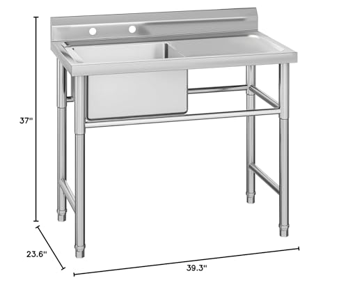 Gaomon Stainless Steel Sink, Commercial Kitchen Prep & Utility Sink Free Standing Single Bowl with Drainboard for Restaurant Laundry Garage Bar Workshop (1 Sink/W Drainboard, 39"L x 23.6"W x 37"H)