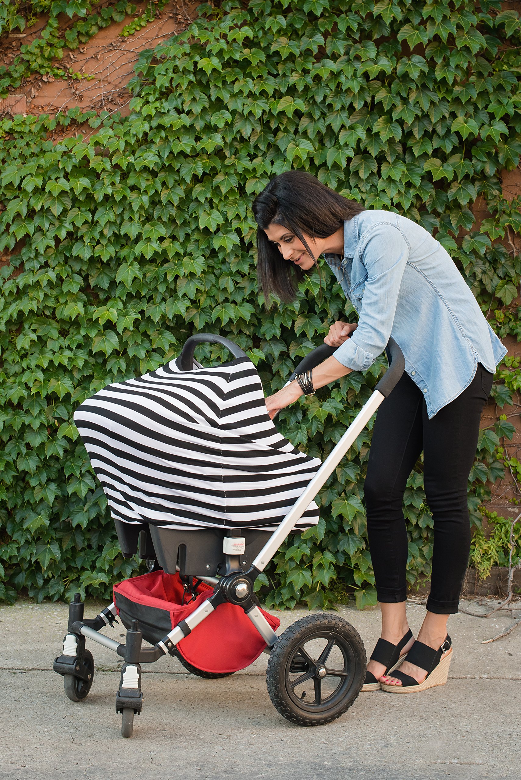 Premium Baby Car Seat Cover Set By Ike & Leo - Multipurpose Stretchy Baby Cart Canopy -Breastfeeding Cover - Lightweight & Breathable - Black & White Classic Stripes Design - Bonus Bamboo Nursing Pads