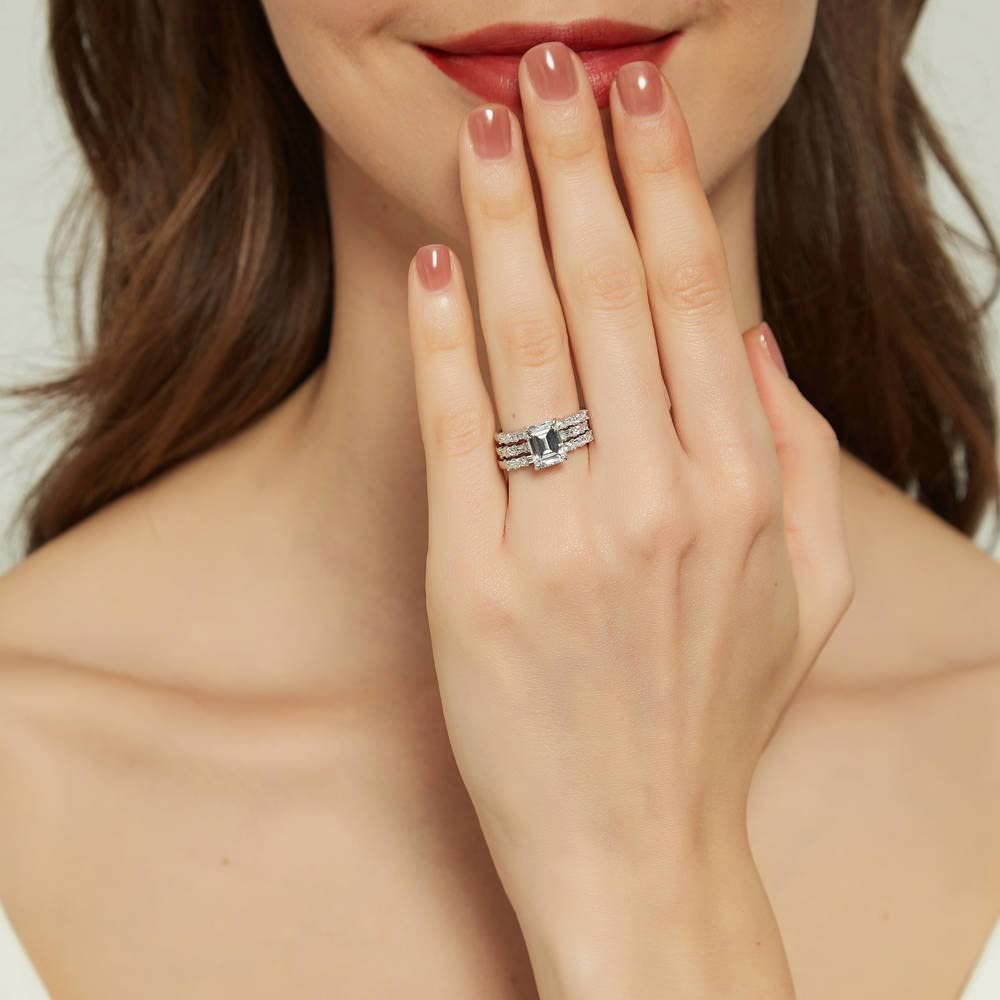 BERRICLE Sterling Silver Solitaire Wedding Engagement Rings 2.1 Carat Emerald Cut Cubic Zirconia CZ Art Deco Ring Set for Women, Rhodium Plated Size 9