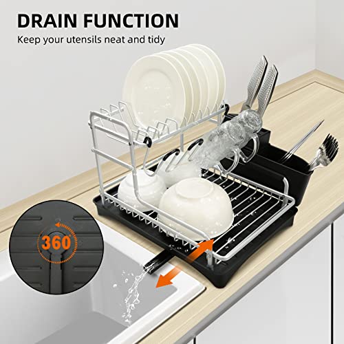 IKAYAA 2-Tier Dish Drying Rack, Dish Rack and Drainboard Set with Swivel Spout, with Cup Holder, Premium Aluminum, for Small Kitchen Countertop, Black Tray + Silver Frame