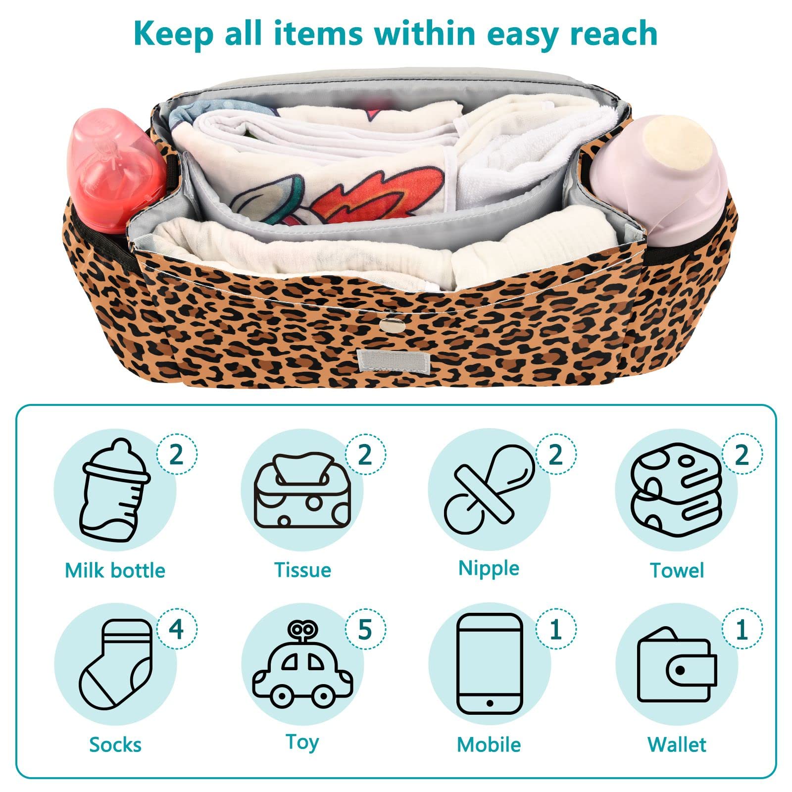 BOENLE Universal Baby Stroller Organizer with Two Insulated Cup Holders Brown Leopard Print Detachable Zipper Bag,Large Capacity for Baby Essentials