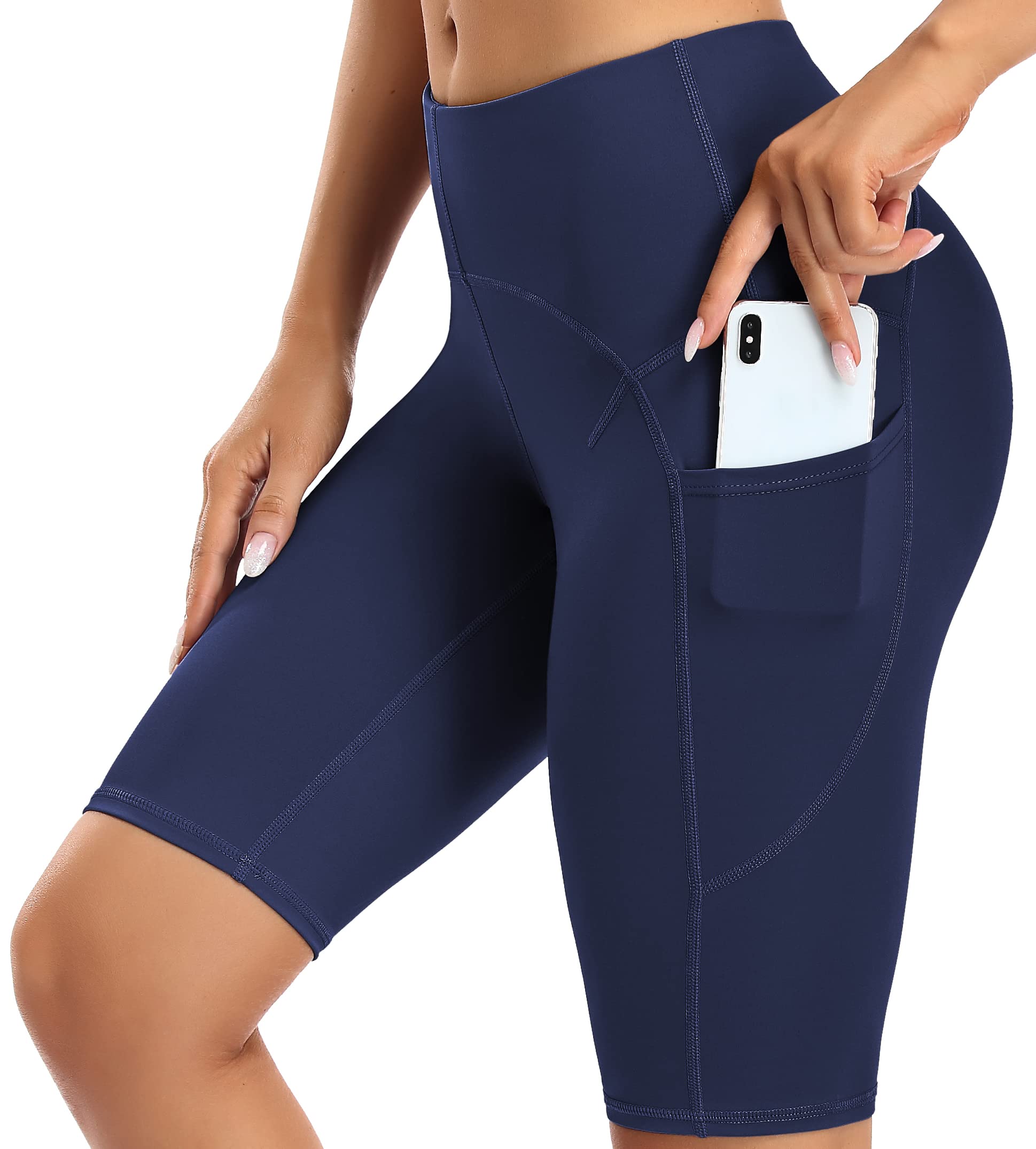 ATTRACO Biker Shorts with Pockets for Women High Waisted Tummy Control Workout Tights Shorts Blue