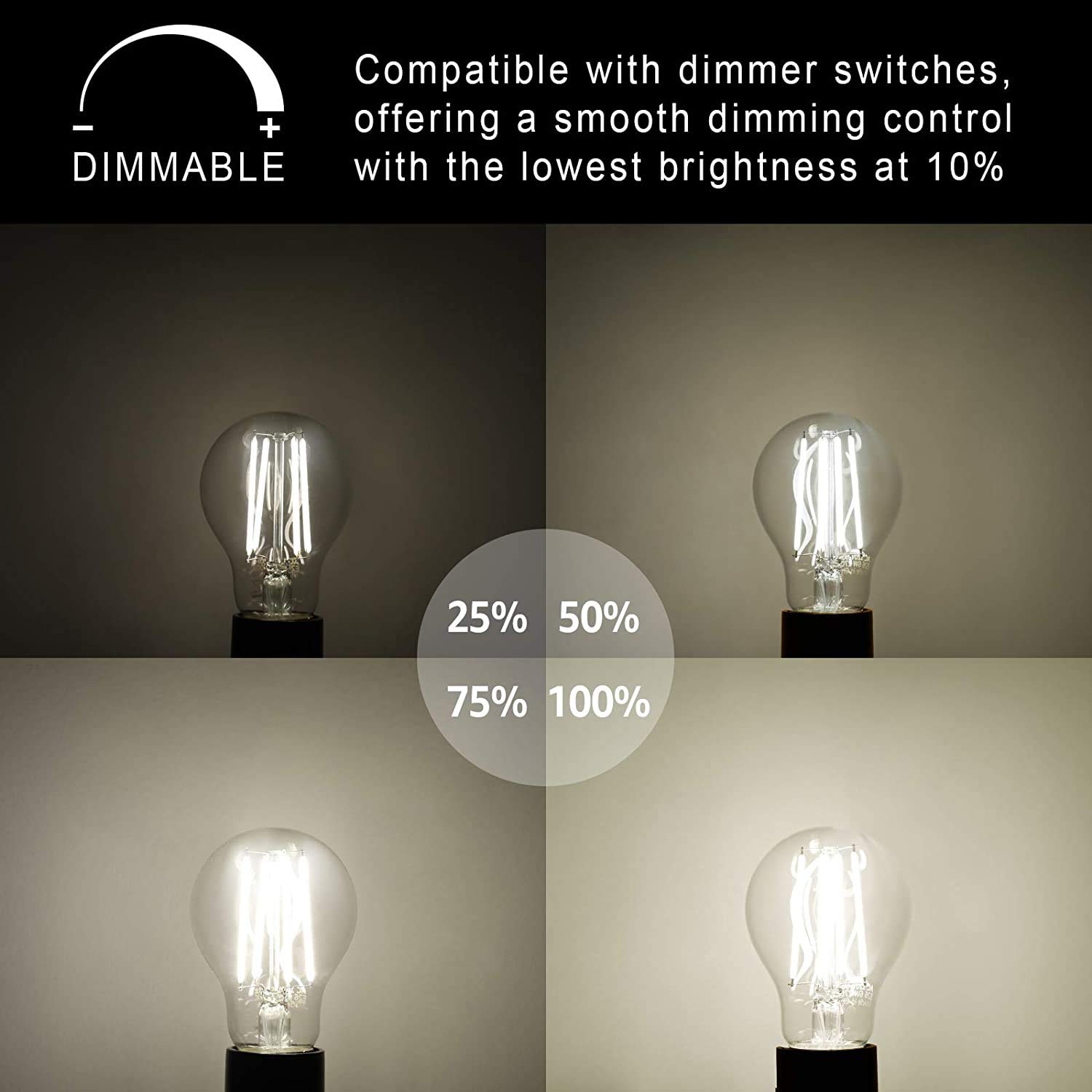 Ascher Dimmable E26 LED Filament Light Bulbs, 50 Watt Equivalent, Dimmable E26 LED Filament Light Bulbs, Daylight White 4000K, Classic Clear Glass, A19 LED Light Bulb, 6 Pack