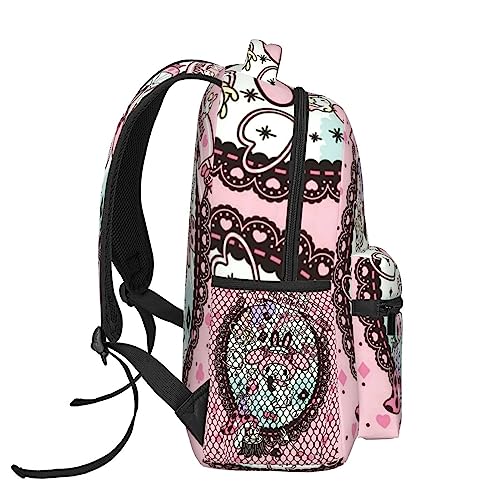 DIEZ My Bunny Melody Backpack Women Casual Pink Backpack Cartoon My Bunny Melody Kawaii Backpack Breathable Large-Capacity Travel Daypack With Keychain