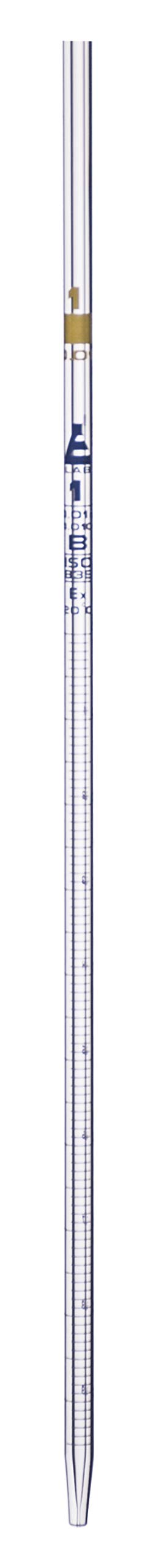 EISCO Serological Pipette, 1ml - Class B, Tolerance Âą0.010ml - Blue Graduations - Color Code, Yellow - Calibrated for Delivery to Jet - Borosilicate Glass