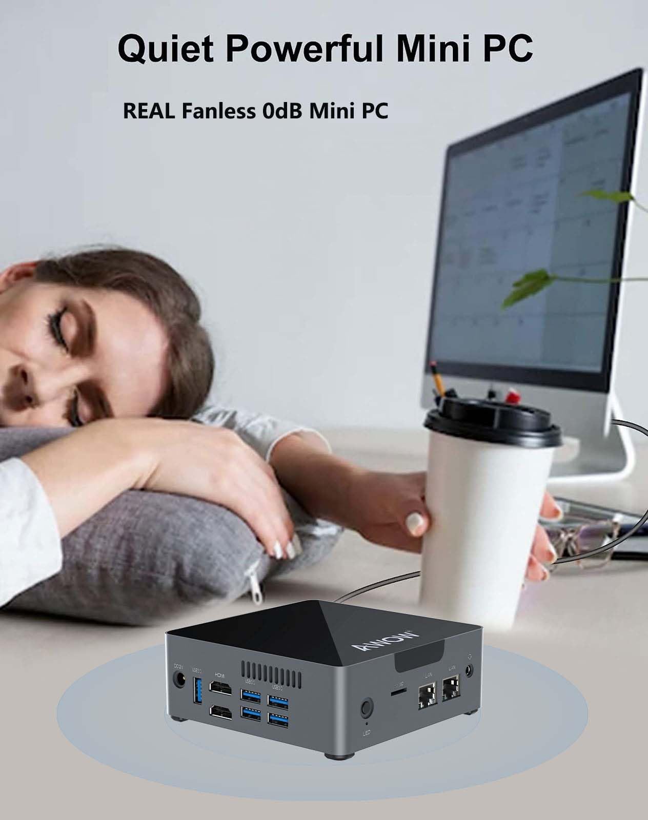 AWOW Fanless Mini PC Windows 11 Pro, 8GB DDR4 RAM 256GB SSD Mini Desktop Computer Intel N4120, Home Office Business Micro PC Dual Display HDMI 4K@60Hz Dual Gigabit Ethernet, WiFi/BT/USB3.0 * 5