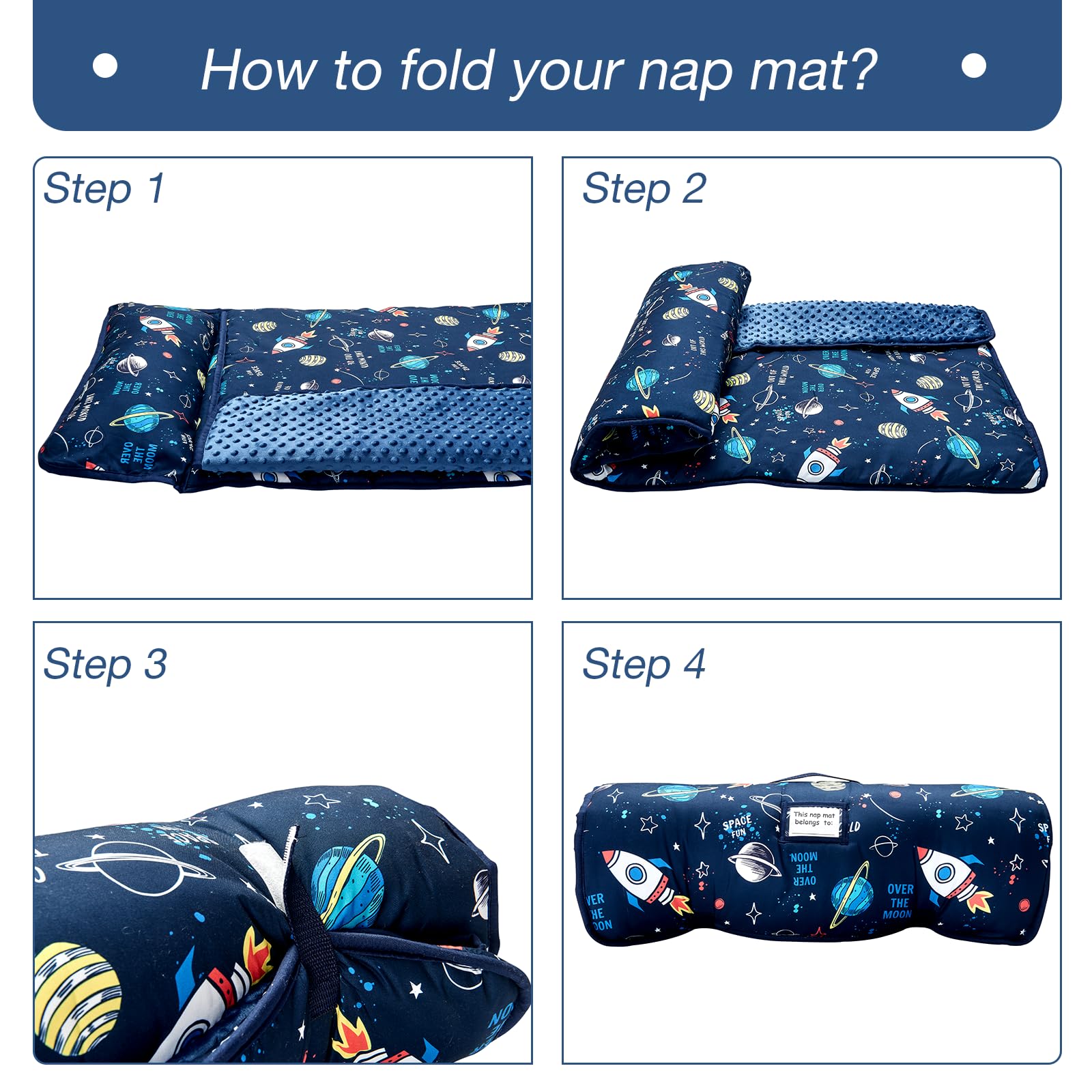 beeweed Toddler Nap Mat, Rollup Design Kid Sleeping Mat with Removable Pillow & Minky Blanket, Toddler Sleeping Bag for Daycare Preschool Travel Camping, Space Ship