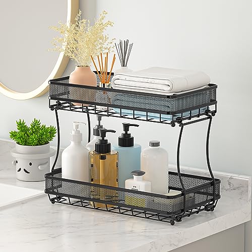 iNUREYE 2 Tier Fruit Basket for Counter, Metal Fruit Basket Stand Detachable Fruit Holder Bread Vegetable Storage Basket Square Fruit Bowl for Kitchen Counter Dining Table