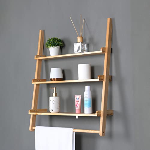 Homaterial 3-Tier Bathroom Towel Rack Shef Wall Mounted Wood Mount Shelf with Towel Bar Leaning Blanket Ladders Bathroom Storage Display Rack Shelf Holder, Natural