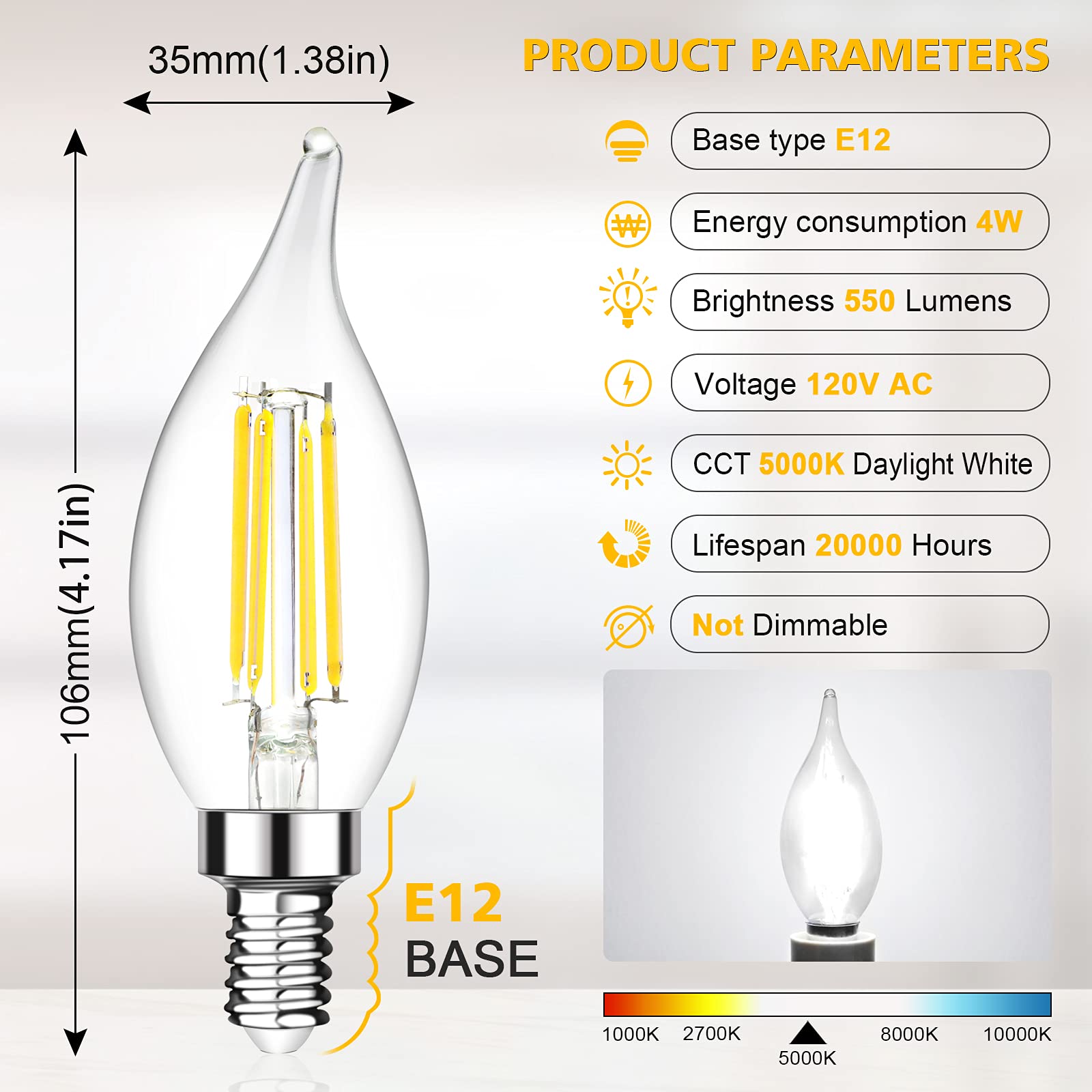 Ascher E12 Candelabra LED Light Bulb, 60 Watt Equivalent, 550 Lumens, Daylight White 5000K, Flame Tip Decorative LED Filament Candle Bulb, E12 Base, Non-Dimmable, Pack of 6
