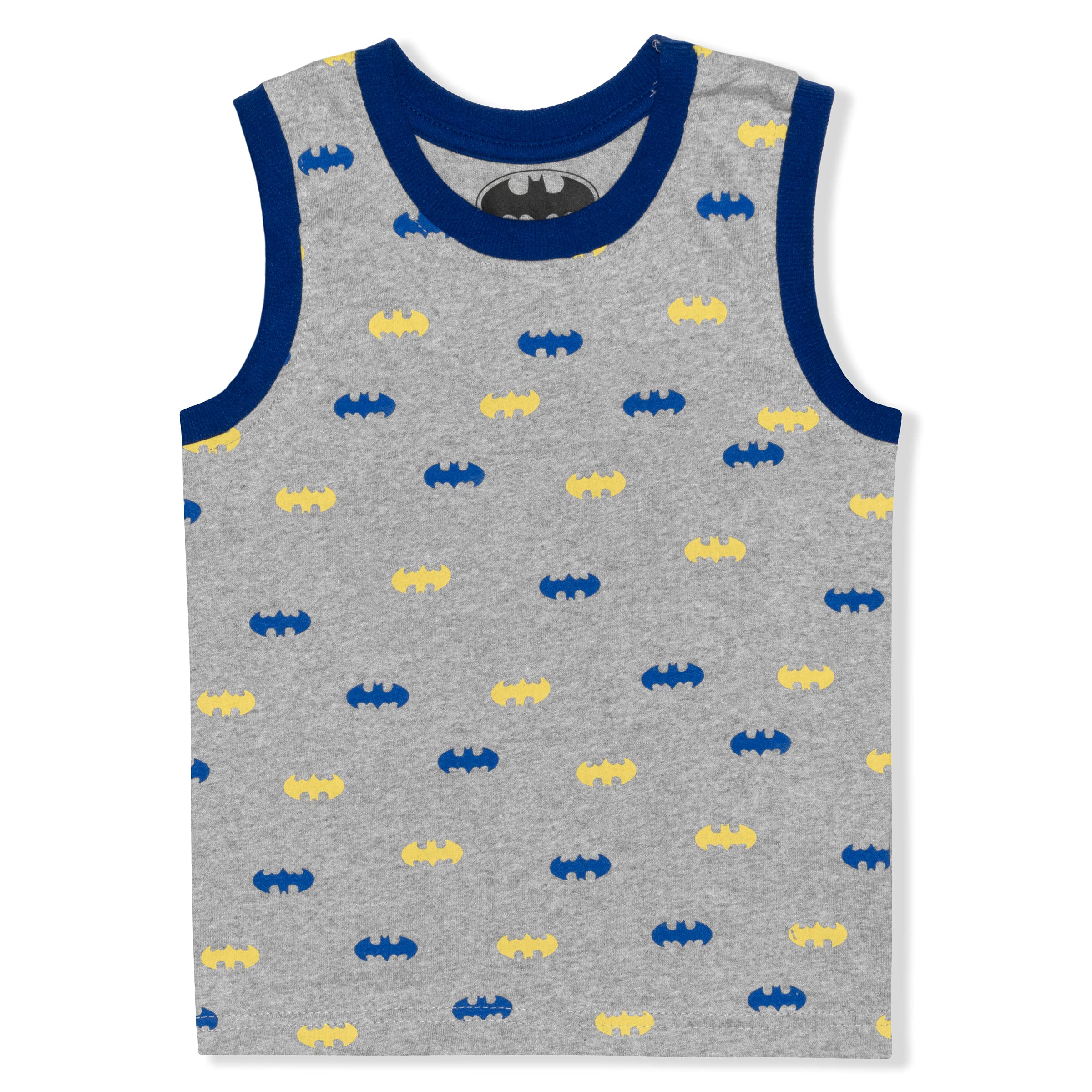BATMAN DC Comics Boys T-Shirt, Tank Top and Short Set for Toddler and Little Kids – Blue/Black/Grey or Yellow/Gray/Black