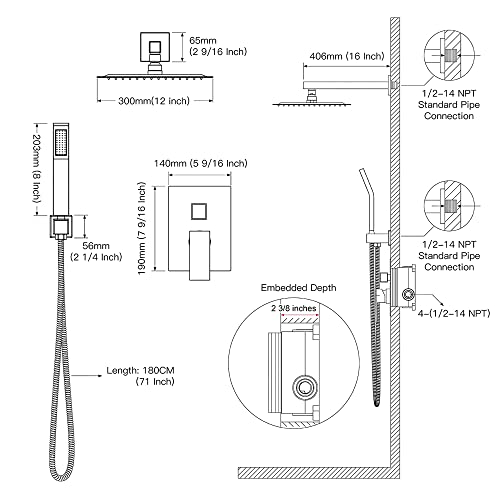 Cobbe 12 Inch Shower System, Black Shower Faucets Sets Complete with Valve High Pressure Rain Shower Head, Bathroom Mixer Shower Set Wall Mounted Matte Black (Faucet Rough-in Valve Body and Trim)