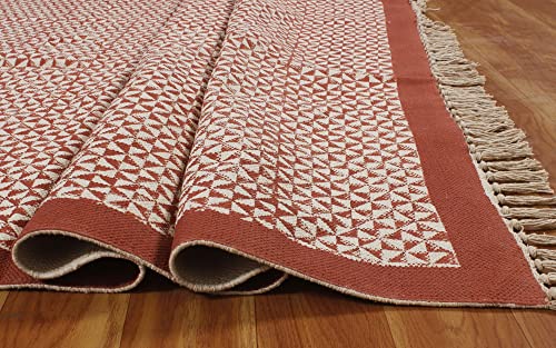 Handmade Geometric Tassel Rug Cotton Easy Washable Rugs Hand Block Printed Boho Area Rug Floor Carpet for Balcony Doormat Entryway Living Room Bedroom Hallway
