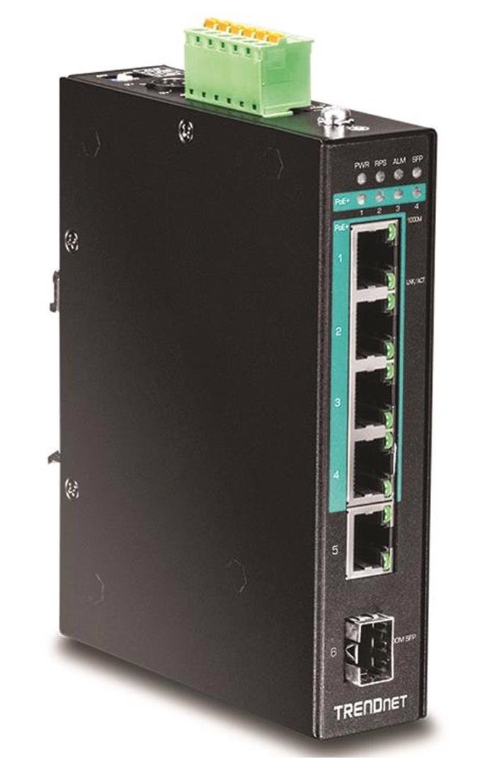 TRENDnet 5-Port Hardened Industrial Gigabit PoE+ DIN-Rail Switch, 120W Power Budget, 1 x SFP Slot, IP30 Rated, Unmanaged Switch, Gigabit PoE+ Network Switch, Lifetime Protection, Black, TI-PG541