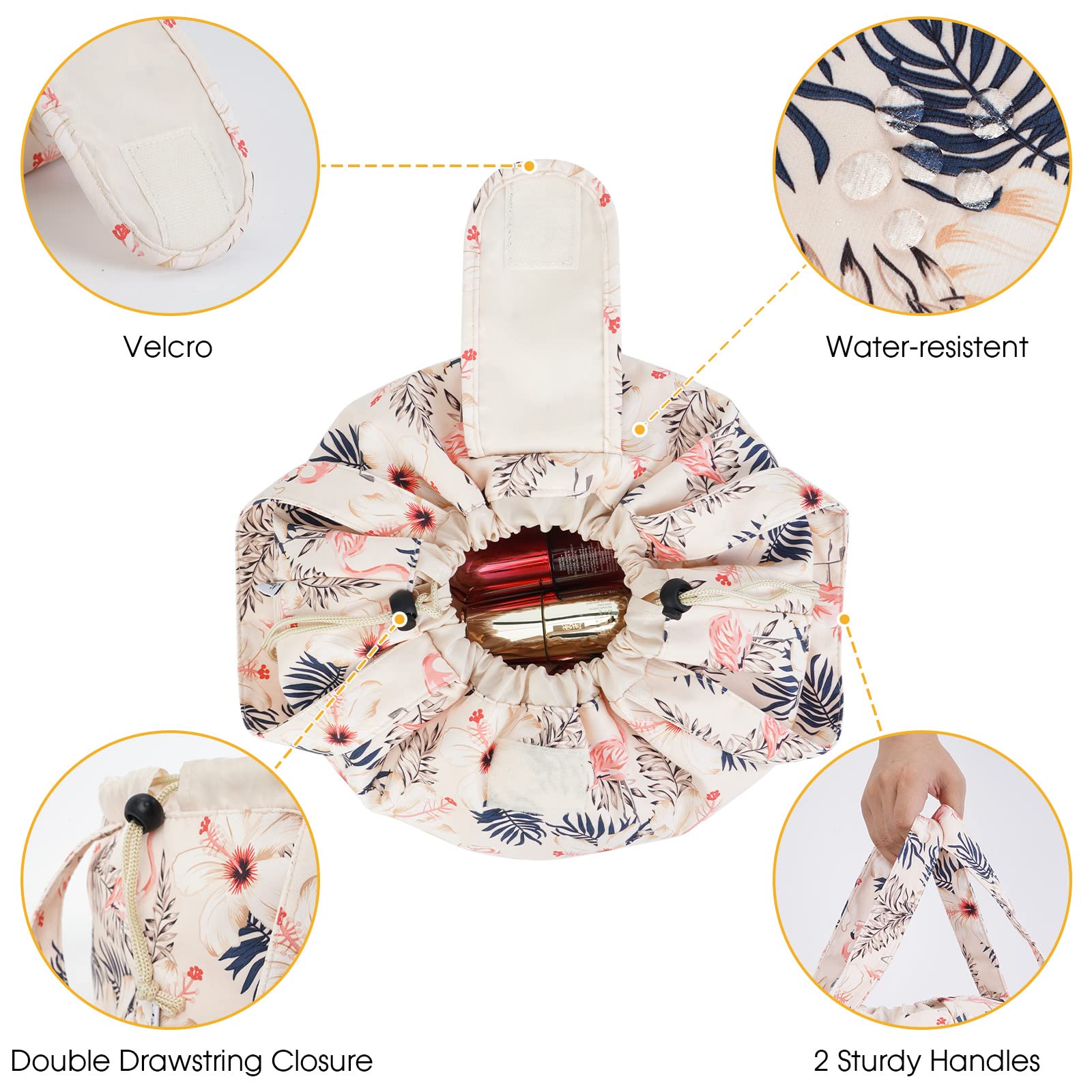 Barrel Drawstring Makeup Bag Large Cosmetic Bag Make up Bags Toiletry Organizer for Women (Beige Bird) (Patent Pending)