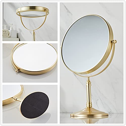 HIHIA Brushed Gold Makeup Mirror Tabletop, Double-Side 1X-10X, Freestanding 360 Swivel Cosmetic Vanity Mirror for Table Desk, Made of Copper, No Light Brushed Gold (8 Inch, 10X)