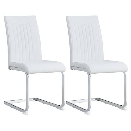 Dining Chairs Set of 2, Dining Room Chairs with High Density Sponge Leather Upholstered and Metal Legs, Modern Kitchen Chairs for Dining Room (White)